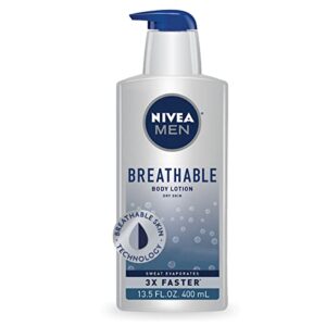 nivea men breathable body lotion, 48-hour hydrating lotion for men with breathable skin technology, shea butter, vitamin c and vitamin e, 13.5 fl oz bottle