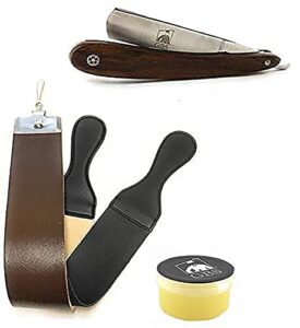 g.b.s mahogany wood, shave ready straight razor, leather strop made with cow hide leather steel clamp, wooden handle