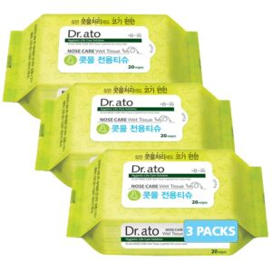 dr.ato nose care wet tissue 20p 3 pack (total 60p) - unscented wet wipes for baby and kids, nose, face, hand care with natural saline & aloe vera - soothing and moisturizing for sensitive skin