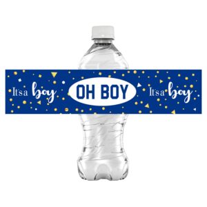 halawawa 32 stickers - blue oh boy sign happy birthday water bottle labels, wine or bottle stickers, baby shower gender reveal pregnancy announcement party decoration supplies