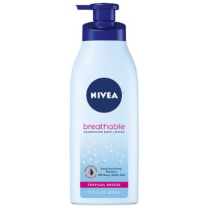 nivea breathable nourishing body lotion in tropical breeze, 48-hour moisturizing lotion with shea butter, vitamin e and c, 13.5 fl oz pump bottle