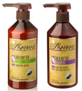 savannah hair therapy bundle - shampoo and conditioner moisture repair treatment, shea butter, cotton and silk protein for dry and damaged hair. sodium chloride and sulfate free. 16.9 oz 500ml x 2