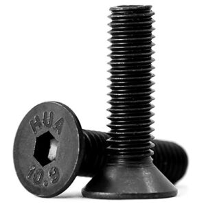 m5-0.8 x 12mm flat head socket cap screws, 10.9 grade alloy steel, allen socket drive, black oxide finish, machine thread, quantity 50