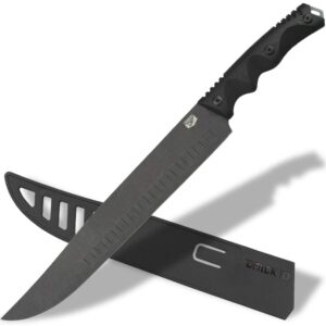 dfackto interceptor 10 inch butcher knife for camping and outdoor kitchen, stonewashed high carbon stainless steel black knife, full tang tactical g10 handle, bbq utensil cutlery