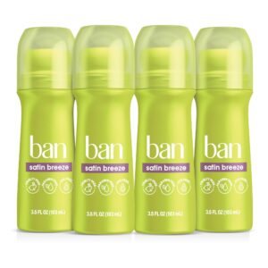 ban invisible roll-on antiperspirant deodorant for women and men, 24-hour underarm odor & sweat protection, satin breeze, 3.5 oz, pack of 4