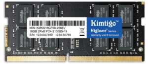 kimtigo ddr4 16gb laptop dram 2666mhz (pc4-21300) cl19 (compatible with 2400mhz or 2133mhz) 1.2v notebook (sodimm) ram non-ecc unbuffered single rank 260 pin pc computer memory module upgrade