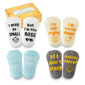 innobeta baby socks set with funny quotes (4 pairs) newborn/infant socks for baby shower, gender reveal 3-12 months, gender neutral