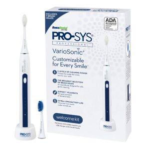 pro-sys variosonic welcome kit first electric toothbrush for beginner, rechargeable power ada accepted smart sonic toothbrush with timer, 2 replacement dupont brush heads, 5 brushing speed