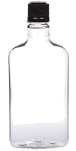 pellah goods 375 ml (12.7 oz.) plastic flask pet clear bottles with tamper evident sealable lids (bulk pack of 154) (black caps) for liquor, alcohol, sauce, honey, beverage