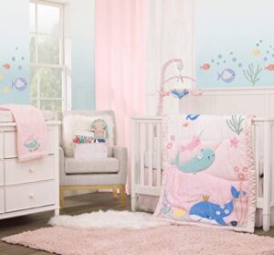 nojo under the sea whimsy pink and blue whales and narwhals 4 piece crib bedding set - comforter, fitted crib sheet, dust ruffle and storage bin