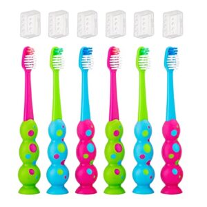 farber baby kids toothbrushes set – childrens toothbrush 6 pack with compact, extra soft bristles for sensitive teeth and easy grip suction cup handles – includes 6 travel covers (pink, blue, green)