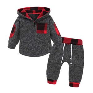 little bitty baby boy outfits 3-6 months toddler baby boy clothes clothing plaid pocket hoodie sweatshirt+pants fall winter outfits set, red plaid outfit 3-6m/70cm