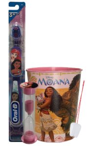 moana inspired 3pc bright smile oral hygiene bundle! toothbrush, brushing timer & mouthwash rinse cup! plus dental gift & remember to brush visual aid!