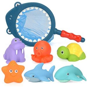 bath toy baby bathtub toys, sea animals squirter toys, water spraying discoloration floating animals fishing net, bathroom floating pool fishing play set for toddler kids, set of 7