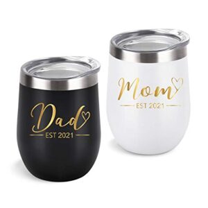 homlouue new parents wine tumbler set, mom dad est 2021 tumbler set for new mom baby shower new parents new pregnancy baby announcement, 12 oz insulated stainless steel wine tumbler, black and white