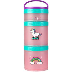 whiskware animal stackable snack containers for kids and toddlers, 3 stackable snack cups for school and travel, skating unicorn