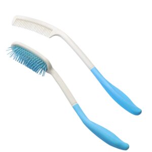 kesywale long reach handled comb and hair brush set for elderly and hand-disabled people, not need to lift hand (blue)