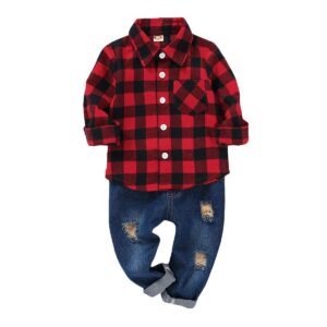 2pcs baby boys girls toddler kids red plaid flannel shirt elastic waist ripped holes soft jeans outfit set(18-24 months, red/black)