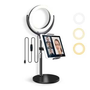 elitehood ipad stand with ring light for online video conference, 3 colors & 10 brightness computer ring light, adjustable desktop ipad holder stand for ipad pro 12.9 11 air mini and 4-13’’ tablet