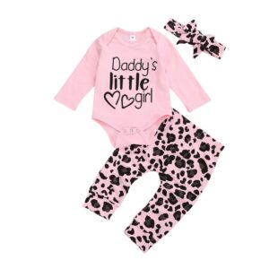 clickmeformoreproducts daddy's little girl newborn baby girl clothes long sleeve romper leopard pants headband 3 piece outfits set (pink a, 0-3 months)