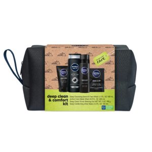 nivea men deep skin care collection, men's body wash, shave gel, after shave, and beard & face wash, 4 piece gift set