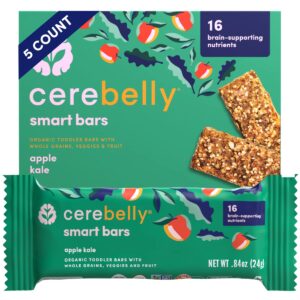 cerebelly toddler snack bars – organic apple kale smart bars (pack of 5), healthy snack bars for kids - 16 brain-supporting nutrients