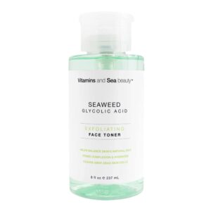 vitamins and sea beauty, exfoliating face toner with glycolic acid and seaweed, oil control facial ph balancing dead skin pore minimizer, all skin types, 8 fl oz