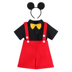 first birthday cake smash photo prop outfits for baby boys romper+bow tie+suspenders overalls bib pants shorts ears headband halloween baby shower clothing set red+balck-buttons 12-18 months