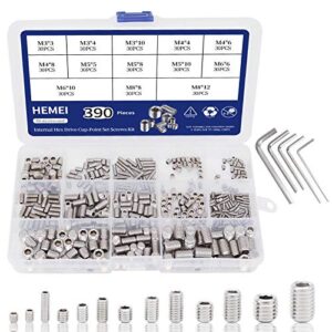 hemei 390pcs m3/m4/m5/m6/m8 hex allen head socket set screw assortment kit internal hex drive flat point 304 stainless steel metric grub screw with 5pcs hex wrenches