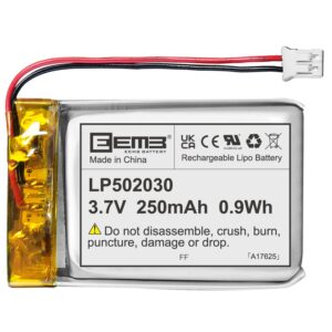 eemb lithium polymer battery 3.7v 250mah 502030 lipo rechargeable battery pack with wire jst 2.0mm connector for vxi blue parrott- confirm device & connector polarity before purchase