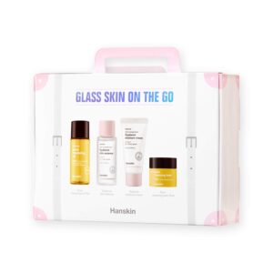 hanskin glass skin on the go kit, set of 4, moisturizing travel friendly hydrating skincare set for glowing skin, cleansers, skin essence toner and moisturizer, korean skincare