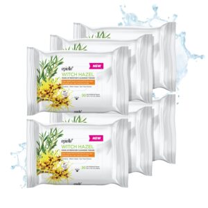 epielle new witch hazel 30ct makeup cleansing wipes deep cleans pores & refresh skin with calming formula (6 packs)