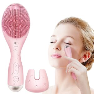 sonic face brush, sonic facial cleansing brush, silicone face exfoliator brush cleanser with heated massage and light design for gentle exfoliating|massaging|skin clean