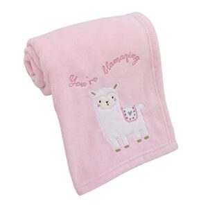 nojo little love sweet llama & butterflies super soft pink baby blanket with applique & embroidery, pink, ivory