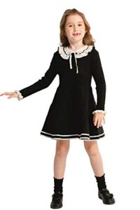 smiling pinker toddler girls dresses sweater long sleeve winter knitted skater dress ruffle collar (black, 6-7 years)