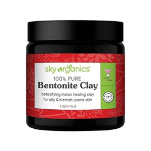 sky organics indian healing clay with detoxifying bentonite clay for face, helps remove impurities, suitable for oily or blemish-prone skin, 100% pure, vegan & cruelty-free skin care, 4 oz.