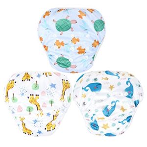 leekalos one size adjustable reusable swim diaper boys & girls, swim diapers for baby shower gifts & swimming lessons, pack of 3 (fish, giraffe, whale, small)