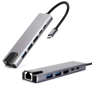 usb c hub, 6 in 1 usb c hub adapter to 4k hdmi, 2 usb 3.0 ports, 1 nic port 45w pd dock for macbook and other type c devices