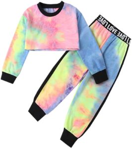 baby girls cute outfits, tie dye pullover crop sweatshirt + sweat playwear pants 2 pieces trendy clothing set, multicolored, 18-24 months