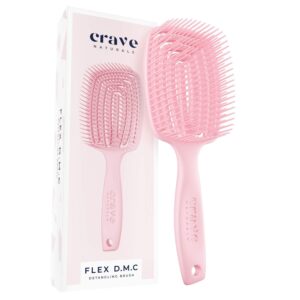 crave naturals flex dmc detangling brush for thick hair - glide thru detangling brush - hair brush detangler for all hair types - flexible layers square paddle hairbrush - pink - comfort grip