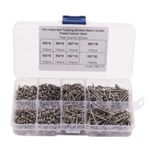 silver m2 nickel-plated carbon steel pan head self tapping screws (800pcs/set), assortment drilling screws with storage case, 4mm 5mm 6mm 8mm 10mm 12mm 16mm 20mm