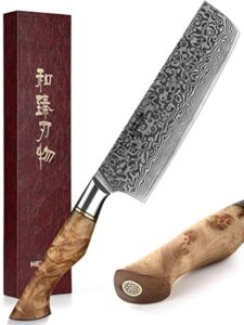 hezhen 7 inch nakiri knife japanese high carbon steel-super durable cooking knife-67 layers of damascus steel sharp blade -ergonomic design for figured sycamore wood handle