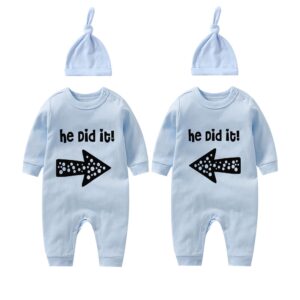 ysculbutol baby twins he did it she did it newborn infant baby bodysuit romper outfit toddler clothes (blue he did it and hat 9m)