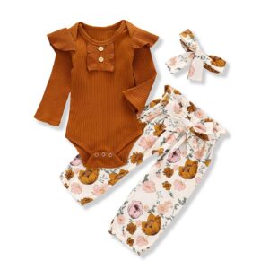 kislio newborn baby girls clothes ribbed ruffled romper+floral pants+headband infant outfit set