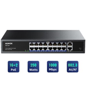 aumox 18-port ethernet gigabit poe switch, 16-port poe with 2 uplink gigabit ports, 250w built-in power, metal casing and 19-inch rackmount, traffic optimization, plug and play, unmanaged(sg518p)