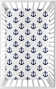 sweet jojo designs navy blue white anchors boy girl fitted mini crib sheet baby nursery for portable crib pack and play - nautical theme ocean sailboat sea marine sailor anchor unisex gender neutral