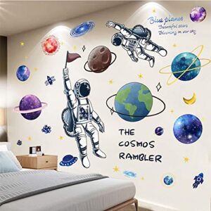 outer space wall decor for boys room art, colorful planets rocket spaceship stars and astronaut kids wall decal nursery bedroom playroom classroom decoration stickers