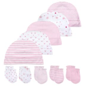 newborn baby boy baby girl hats 0-6 months unisex organic cotton caps and mittens set 10-piece, pink1