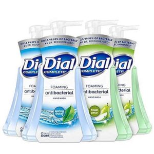 dial complete anti-bacterial foaming hand wash, 60 oz of foaming hand soap. 2-scent variety pack spring water/pear, 15 fluid ounces each (4 pack)