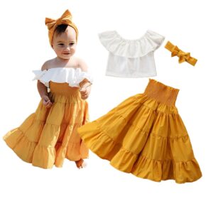 lxxiashi 3pcs toddler baby girl off shoulder ruffle crop top + maxi long skirt + headband outfits set (white yellow, 3-4 years)